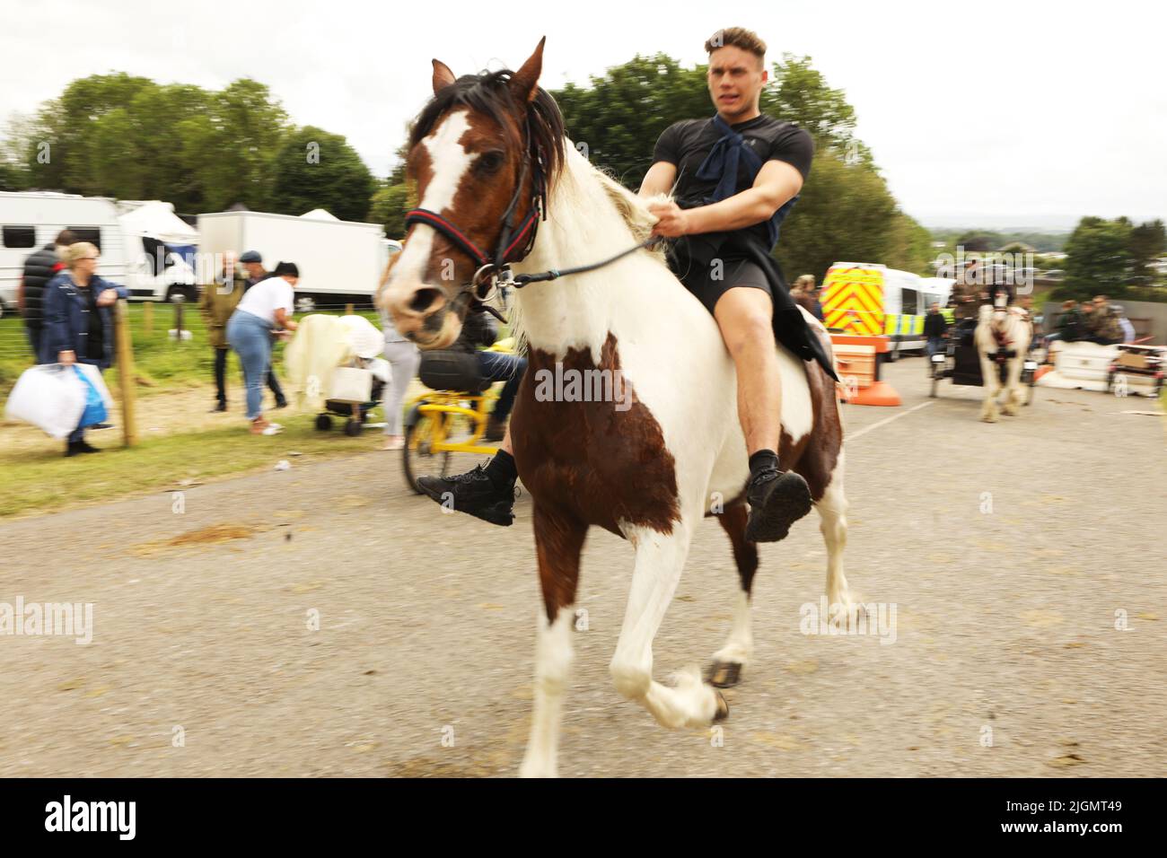 A young man trotting along the road on a coloured gypsy cob horse ...