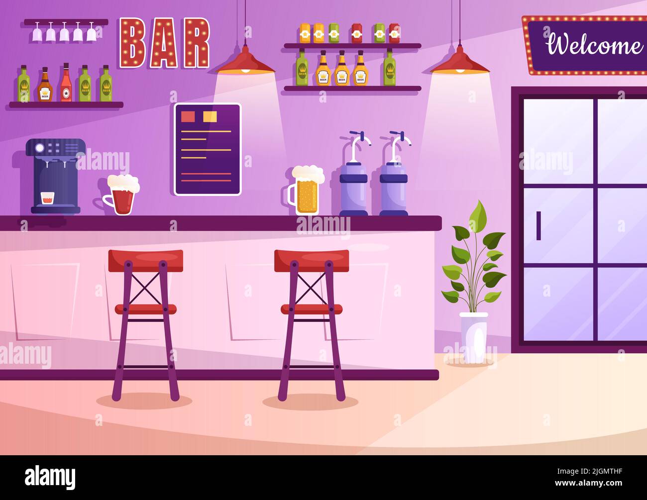 Bar or Pub at Evening with Alcohol Drinks Bottles, Bartender, Table ...