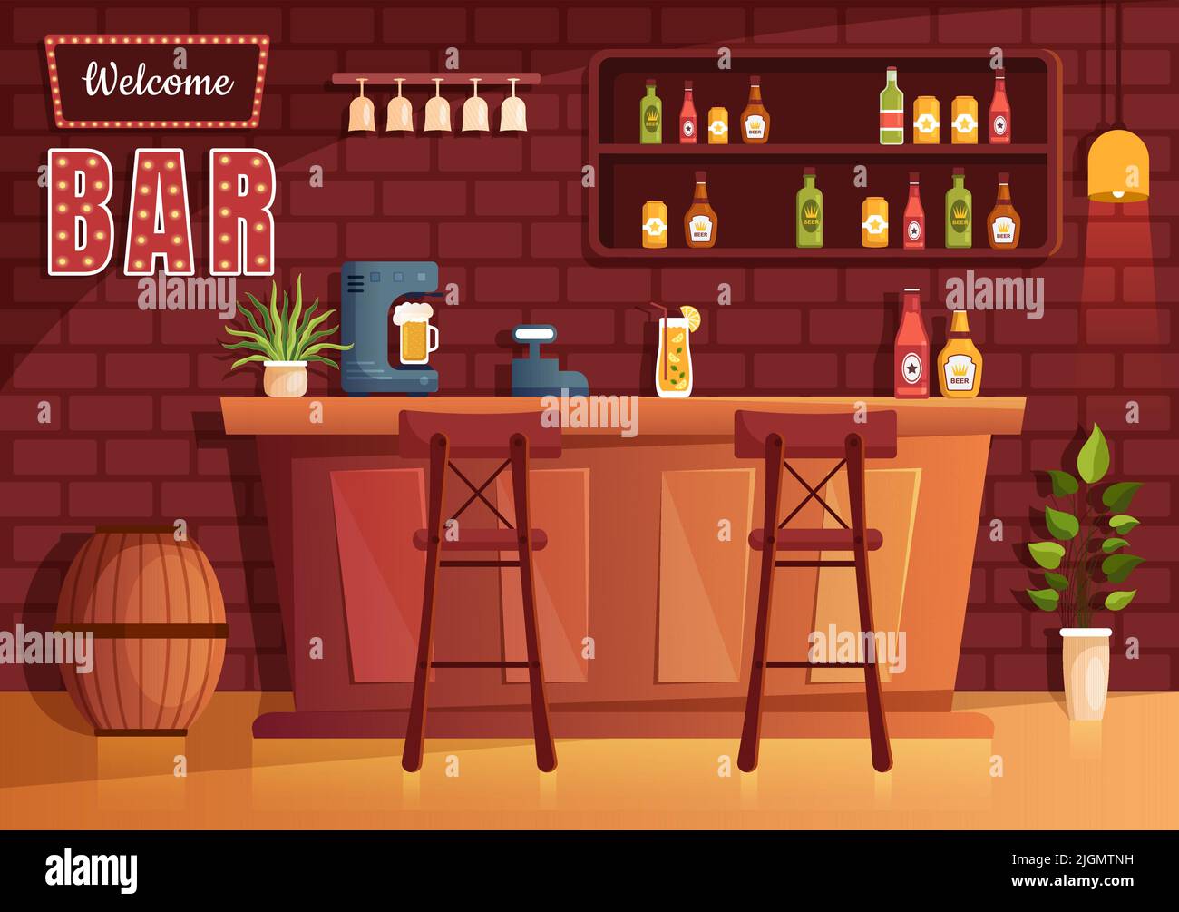 Bar or Pub at Evening with Alcohol Drinks Bottles, Bartender, Table ...