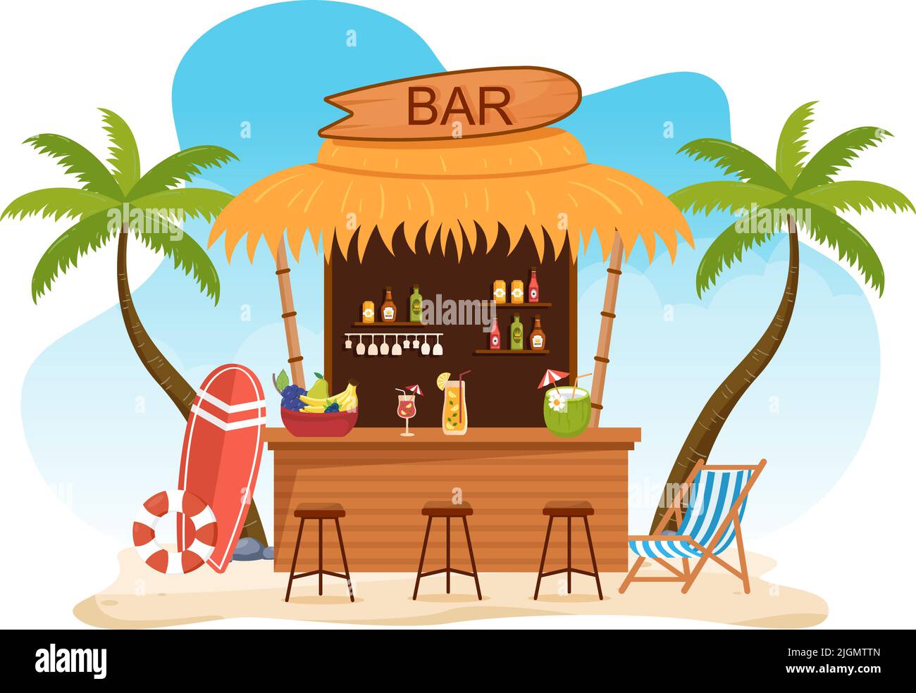 Tropical Bar or Pub in Beach with Alcohol Drinks Bottles, Bartender ...