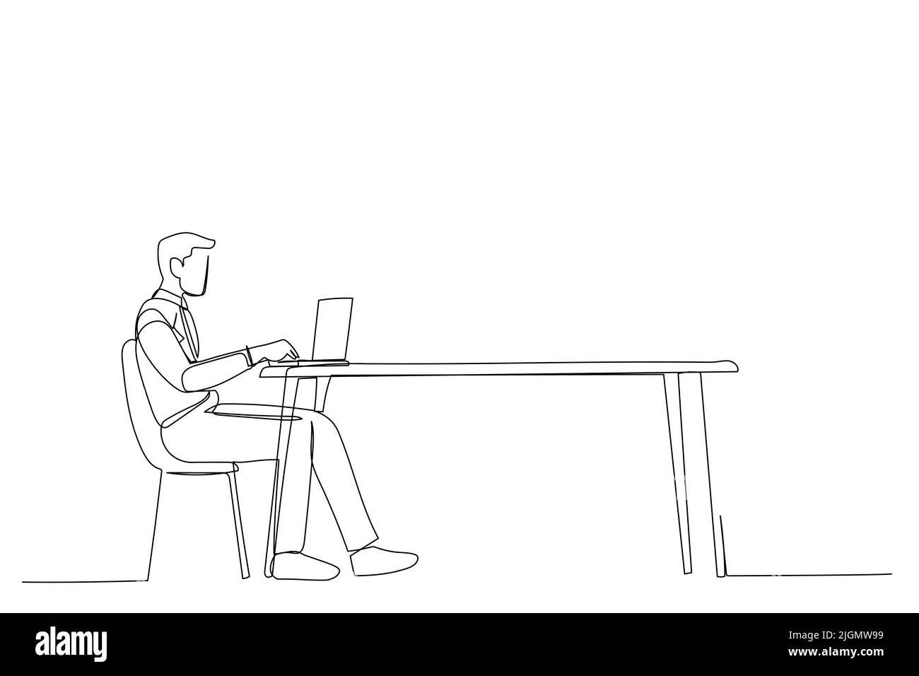 One line drawing of young man sitting on desk, using laptop, working ...