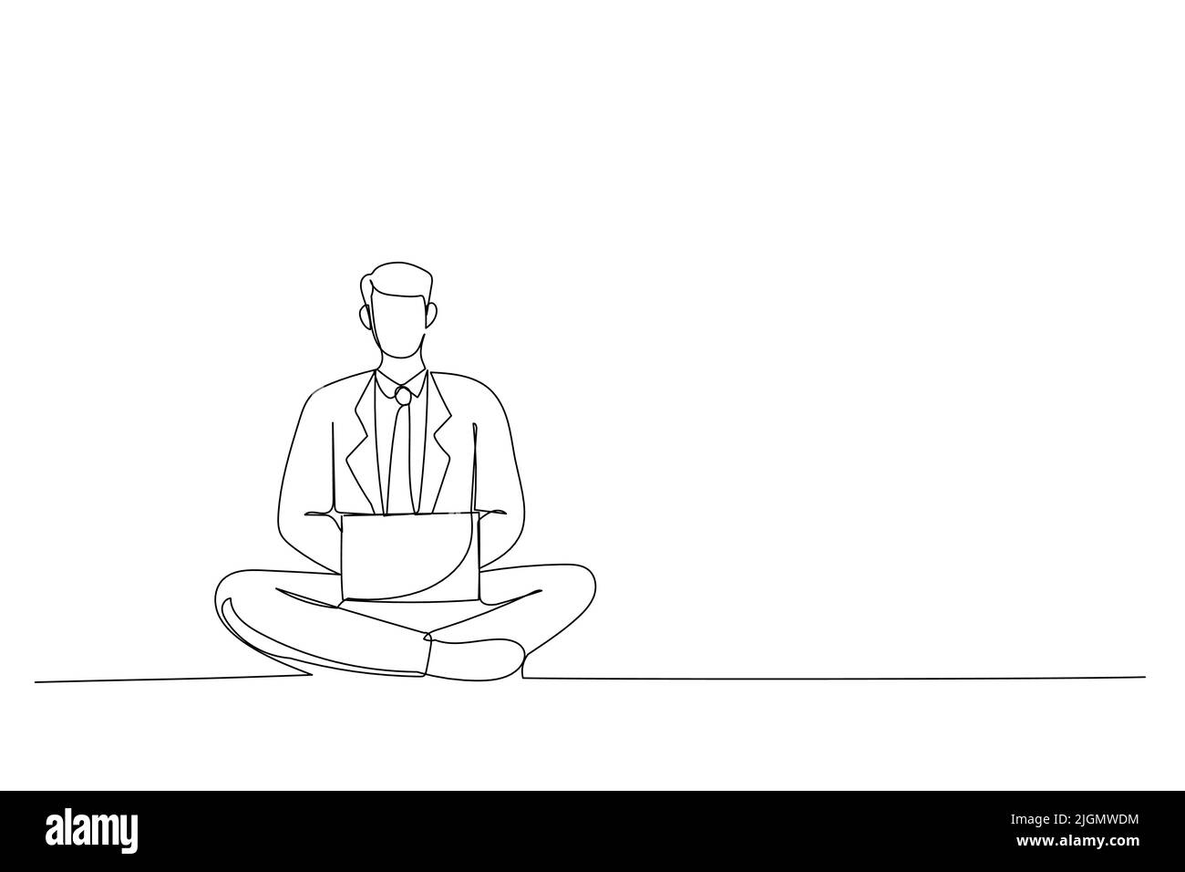 One line illustration of young man in suit holding laptop computer ...