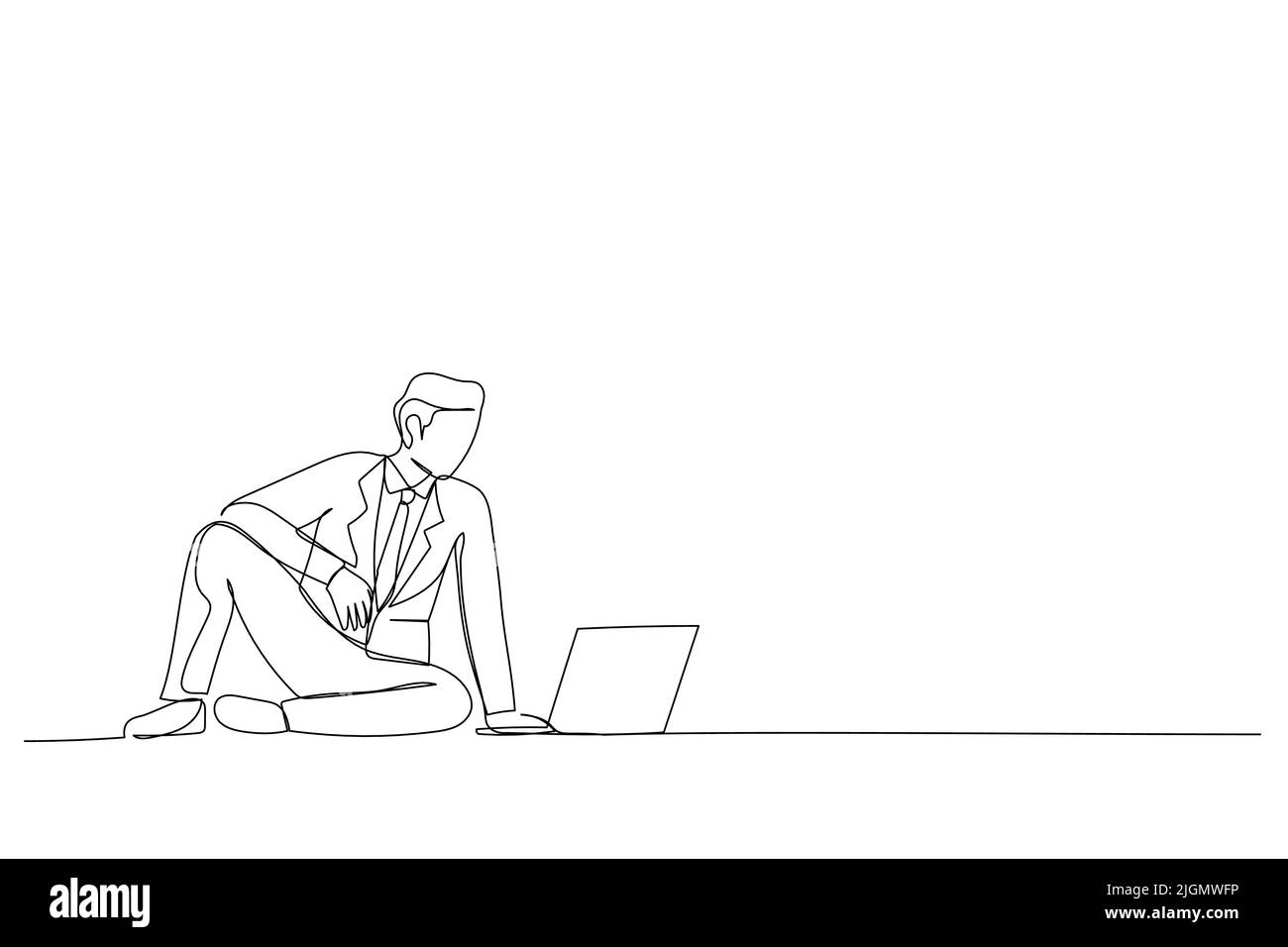 Single line drawing of attractive cheerful guy sitting using laptop ...