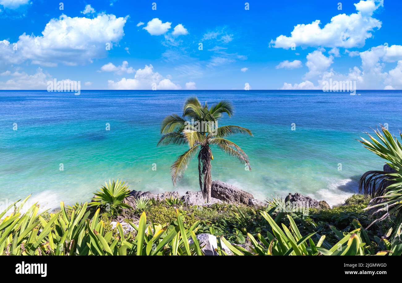 Mexico, Tulum Archaeological Zone and Mayan pyramids on scenic ocean ...