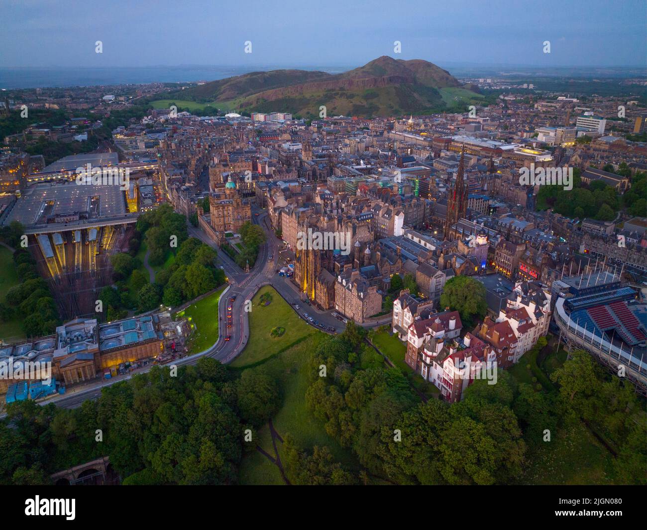 Old Town and Tolbooth Church on Royal Mile aerial view with Holyrood ...