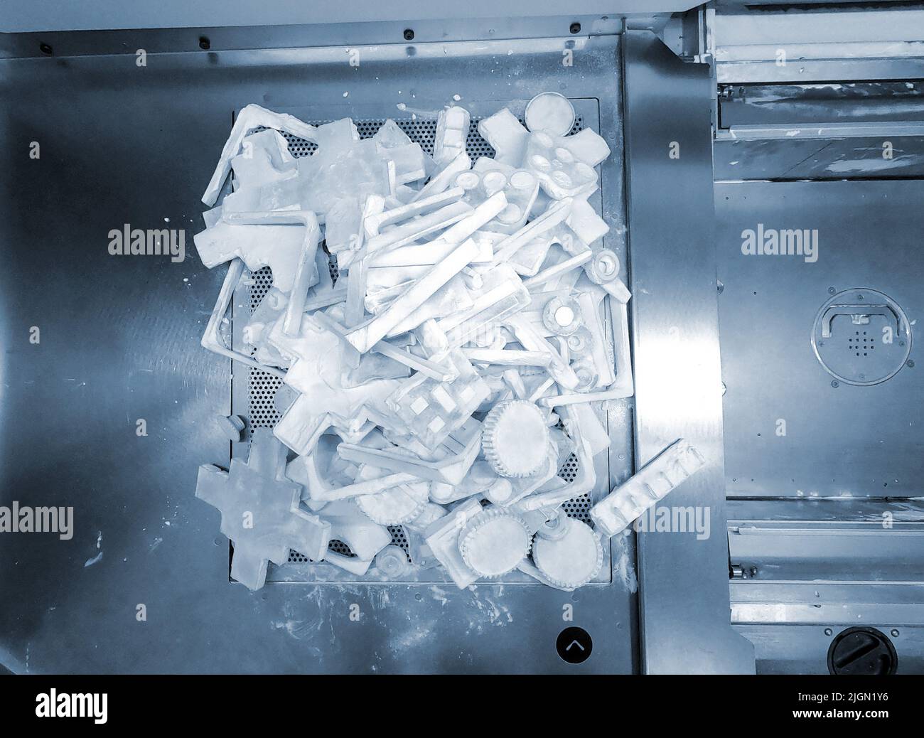 Objects and models printed on industrial 3D printer from white plastic ...