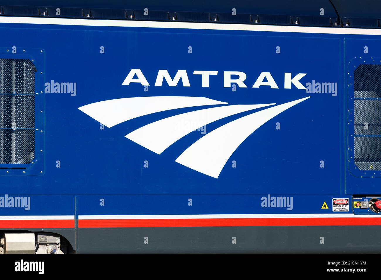 Seattle - July 08, 2022; Amtrak name and logo on the side of a new ALC ...