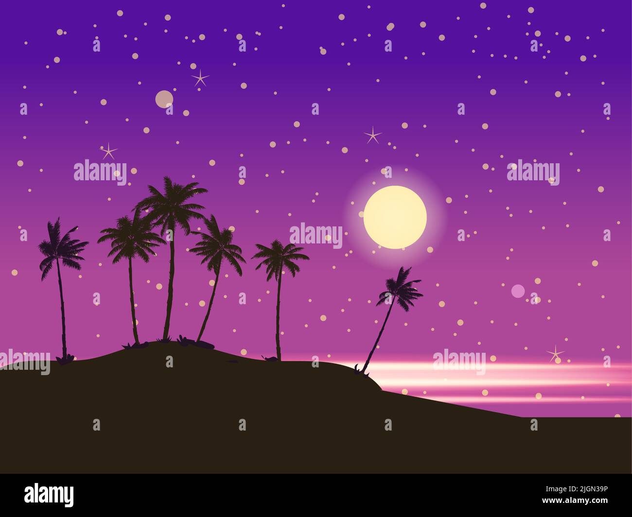 Tropical seashore night landscape, coast, palms, moonlight, ocean ...