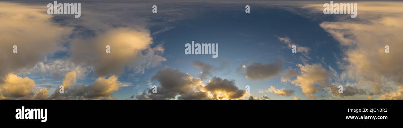 Golden glowing sunset sky panorama with Cirrus clouds. Hdr seamless ...