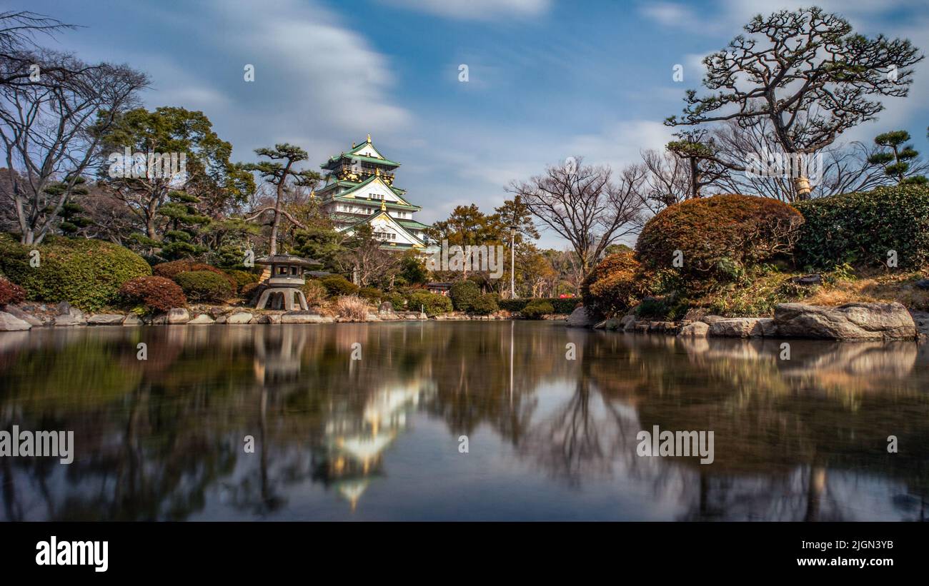 zen garden view with Osaka castle and beauty blue sky Stock Photo - Alamy