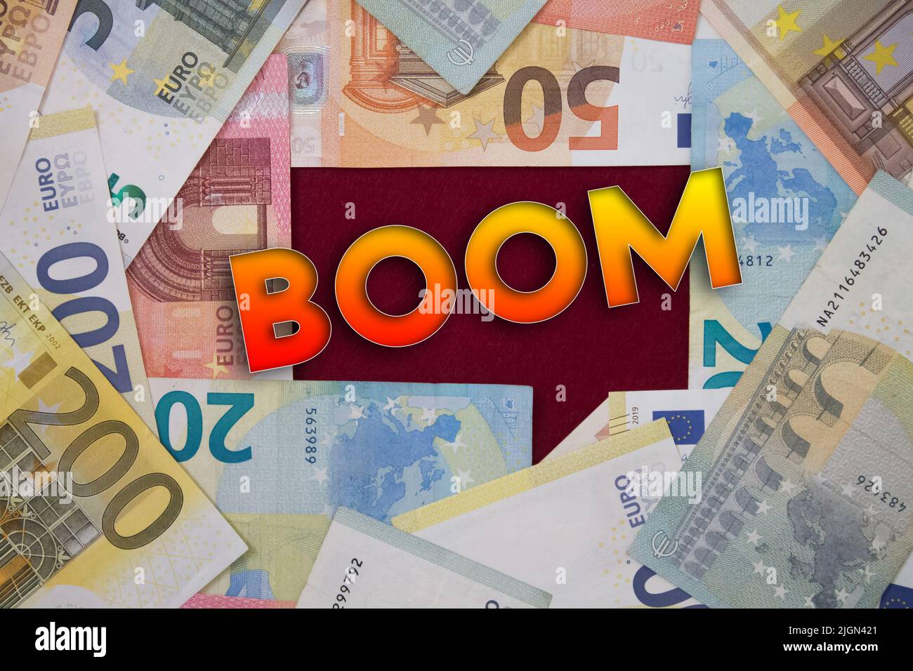 Boom word with money. Paper currency background with different ...