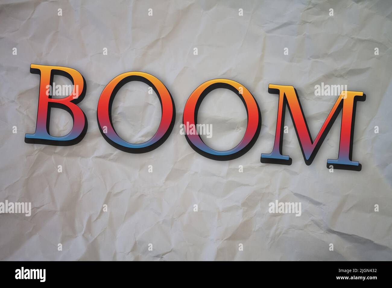 Boom text with Torn, Crumpled White Paper on colored background Stock ...
