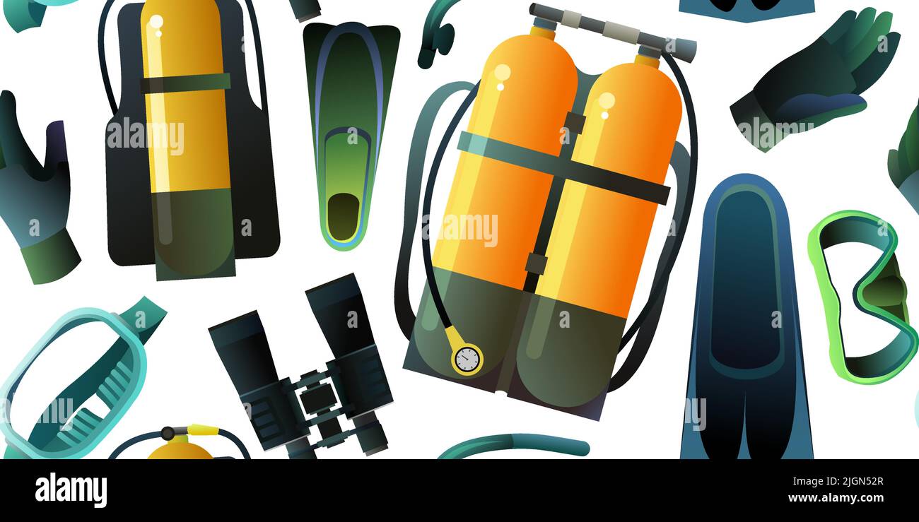 Diving kit with oxygen tank in mask and fins. Set of equipment for ...