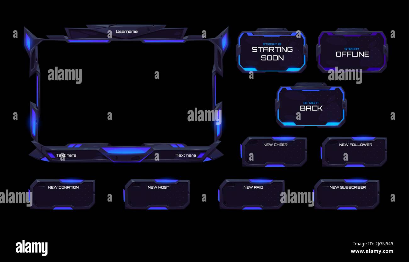 Space stream overlay, mmo game menu, neon ui frame. Streaming screen, gamer username panels and ...