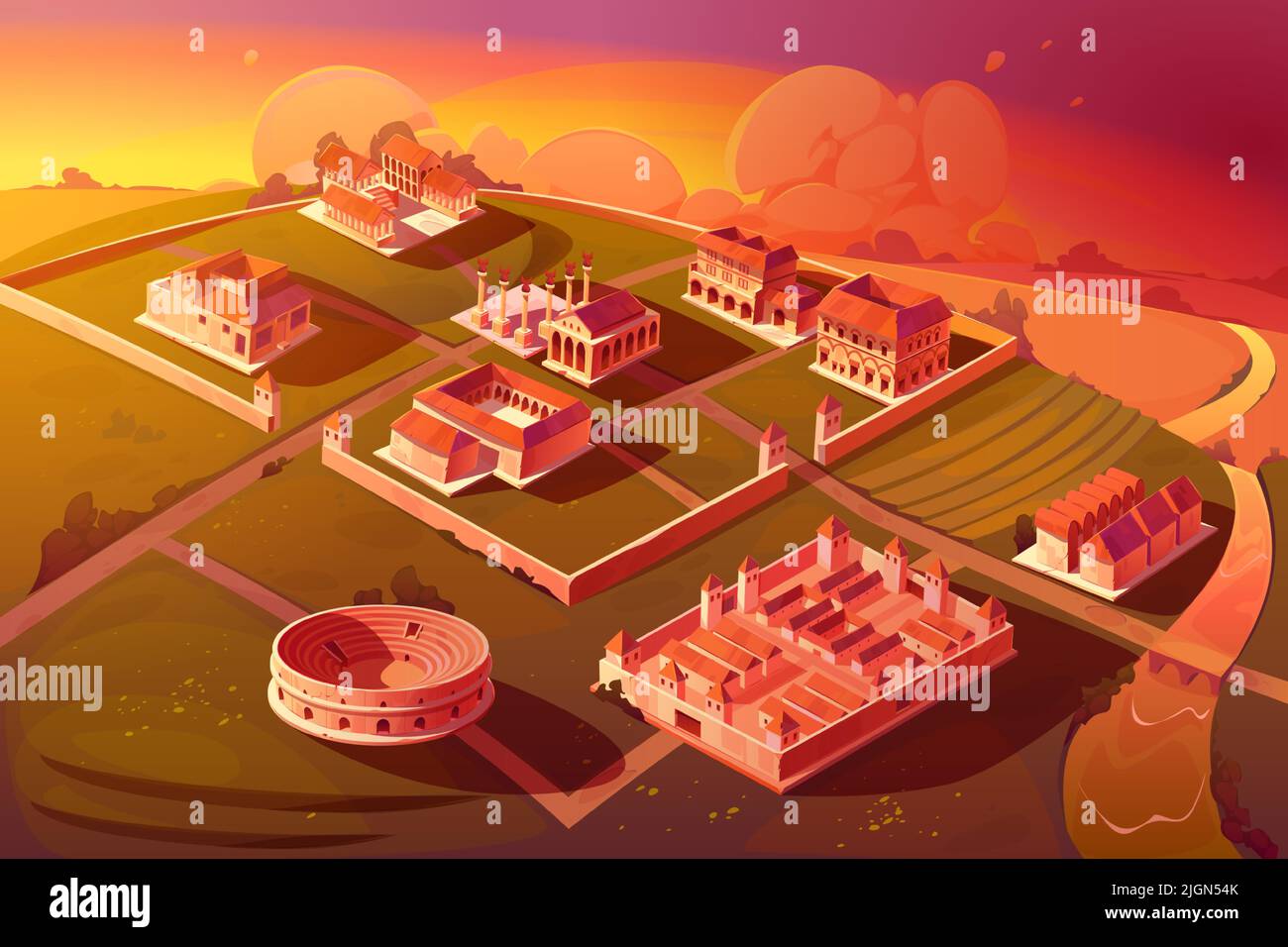 Rome isometric sunset landscape with antique building vector cartoon ...