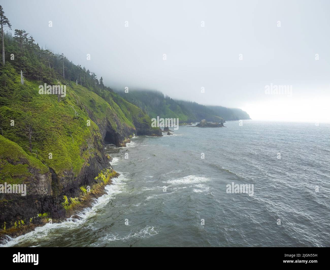Hilly green shore of the ocean. Light white waves crash against the ...