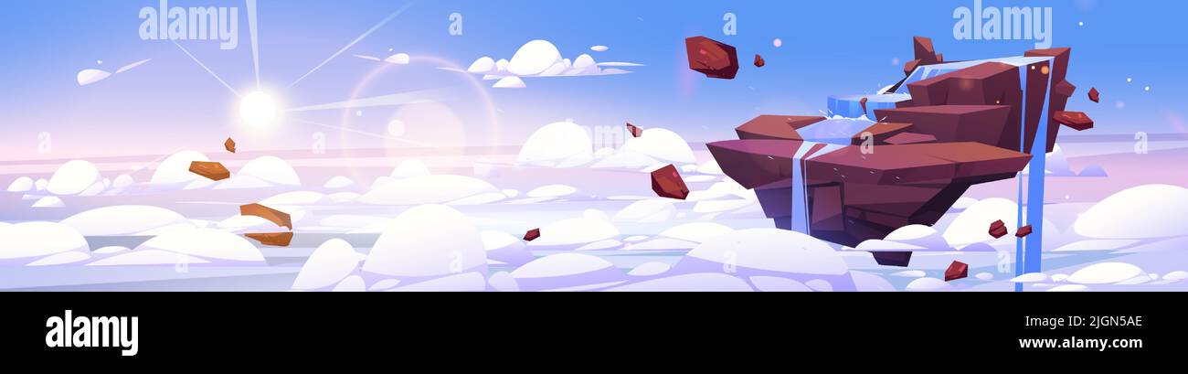 Waterfall cascade on flying rock island in sky above clouds cartoon ...