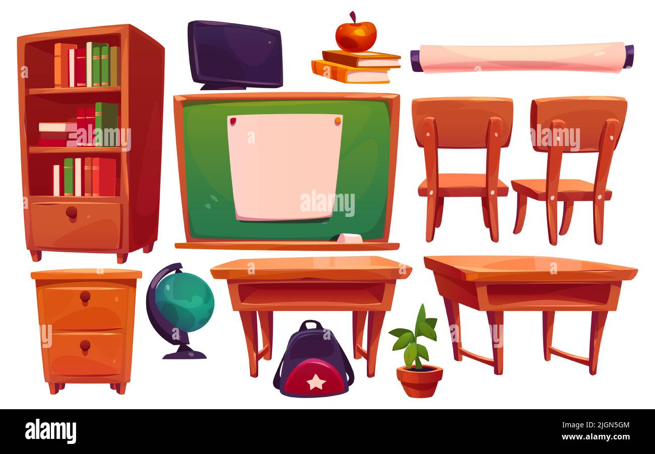 Classroom furniture, class interior stuff blackboard with pinned blank ...