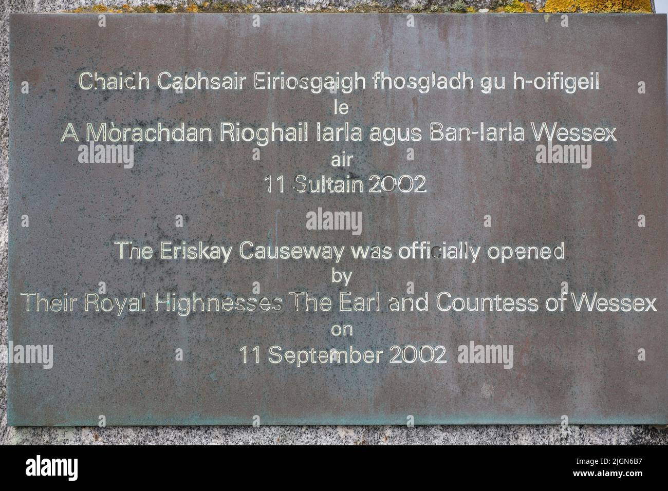 Plaque commemorating the official opening of the Eriskay Causeway ...