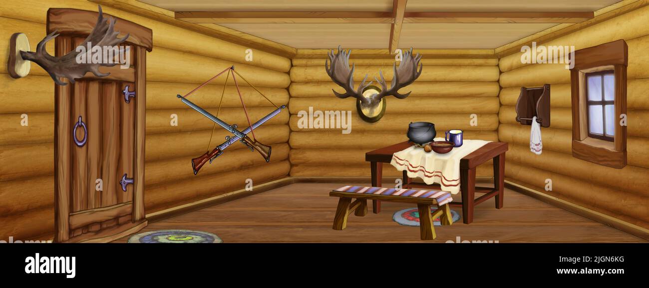 Wooden hunting lodge interior in retro style. Digital Painting ...