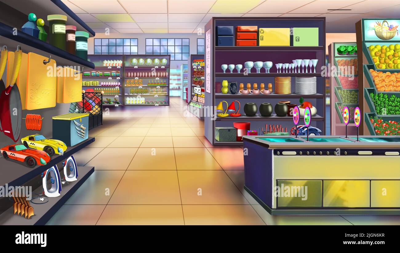 Inside a large supermarket store. Digital Painting Background ...