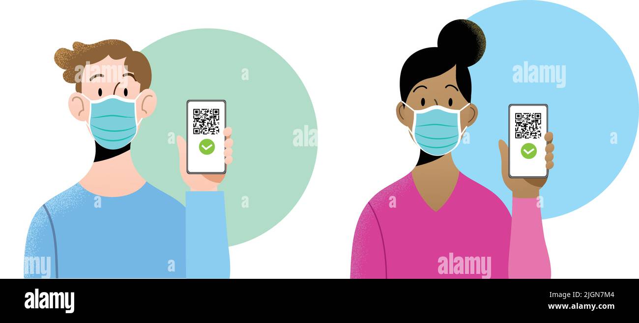 Young man and woman wearing blue surgical masks holding smartphone with ...