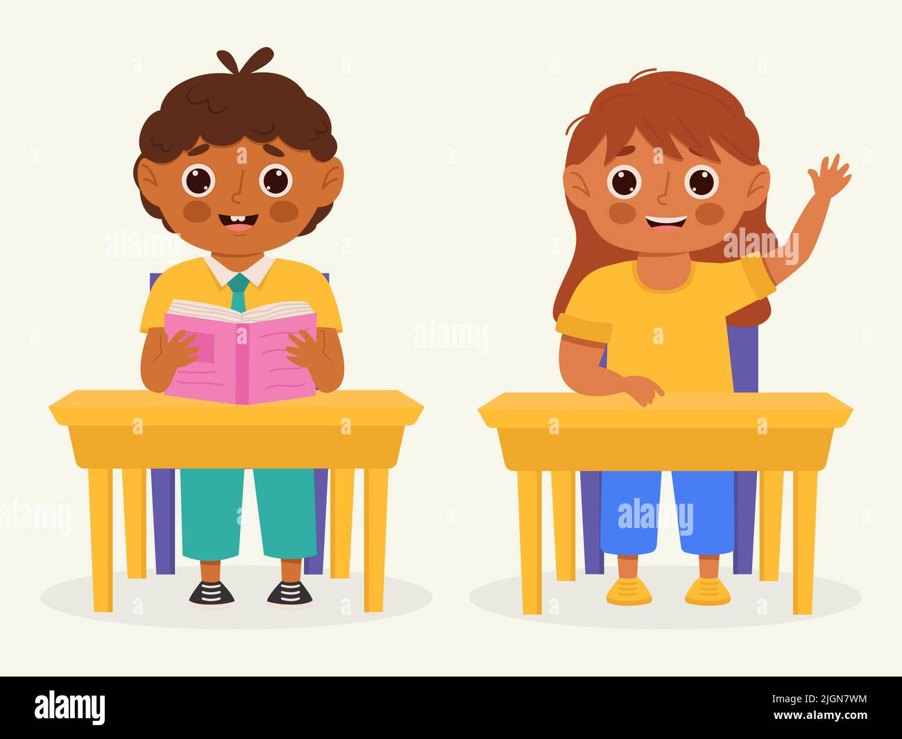 School kids with school supplies sitting at a school desk. Kids with ...