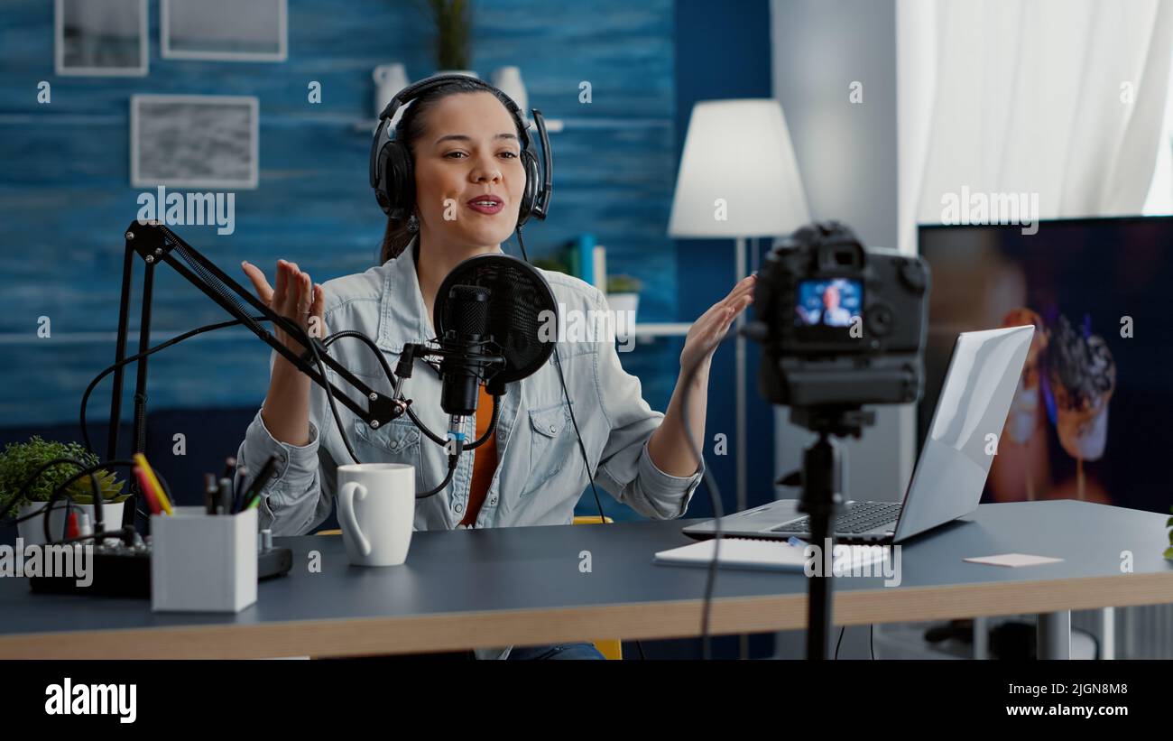 Cheerful popular internet live show host ending stream while sending ... Cheerful popular internet live show host ending stream while sending ...