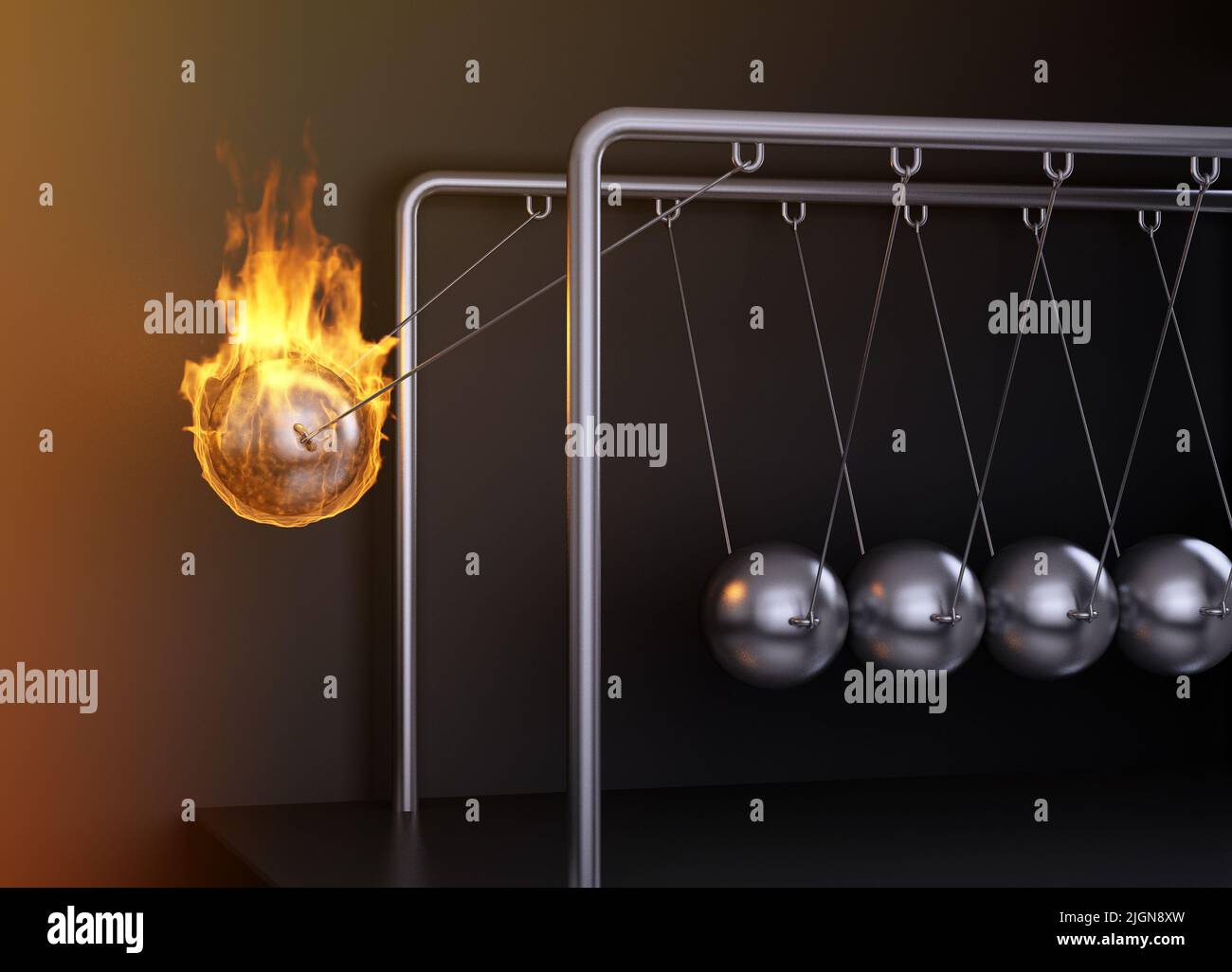 concept Newton's pendulum with one burning ball. 3d rendering Stock ...