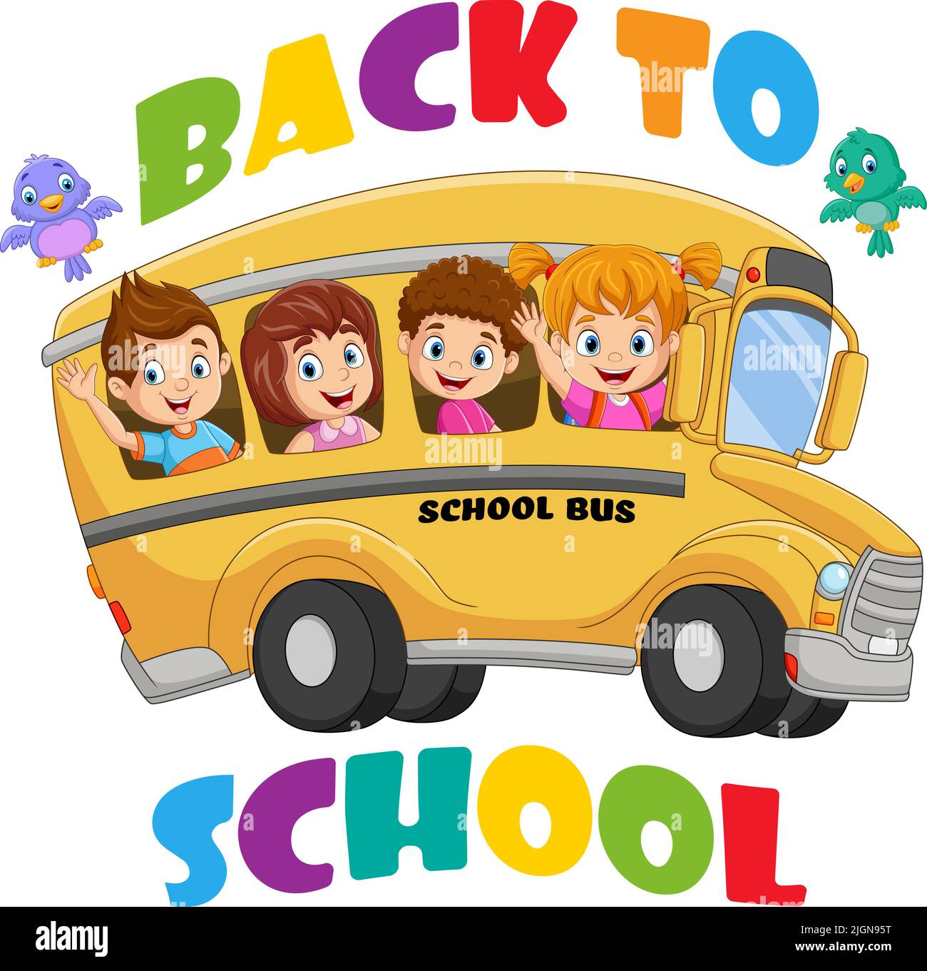 Back to school. Happy children riding on school bus Stock Vector Image ...