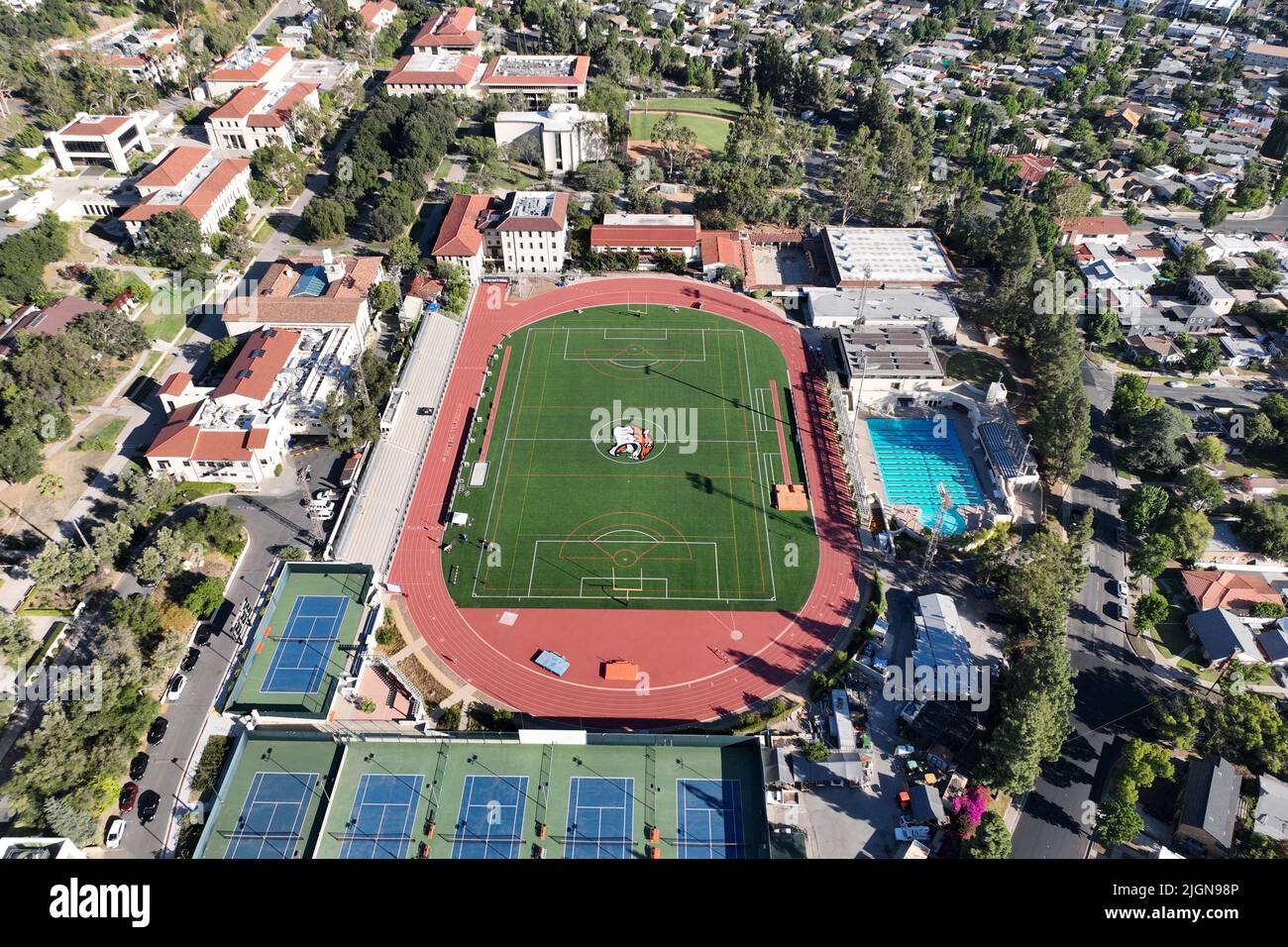 A general overall aerial view of the track and football field at Jack ...