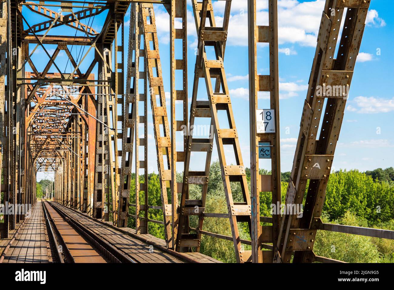 The metal structure of the railway viaduct over the river against the ...