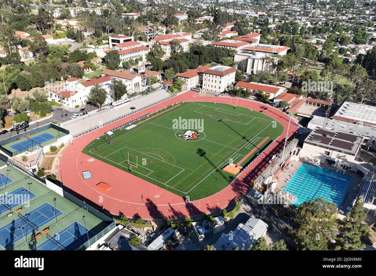 A general overall aerial view of the track and football field at Jack ...