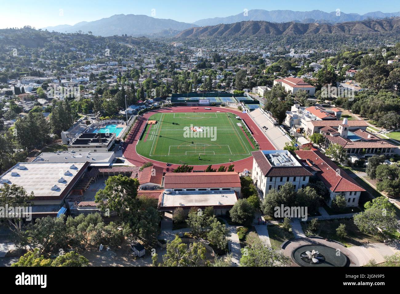 A general overall aerial view of the track and Football field at Jack ...