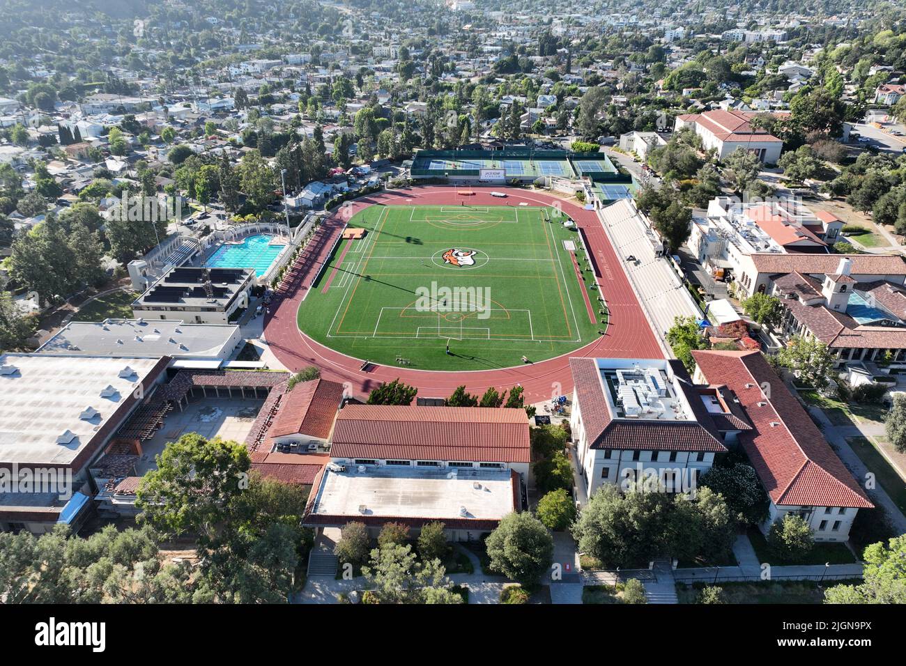 A general overall aerial view of the track and Football field at Jack ...