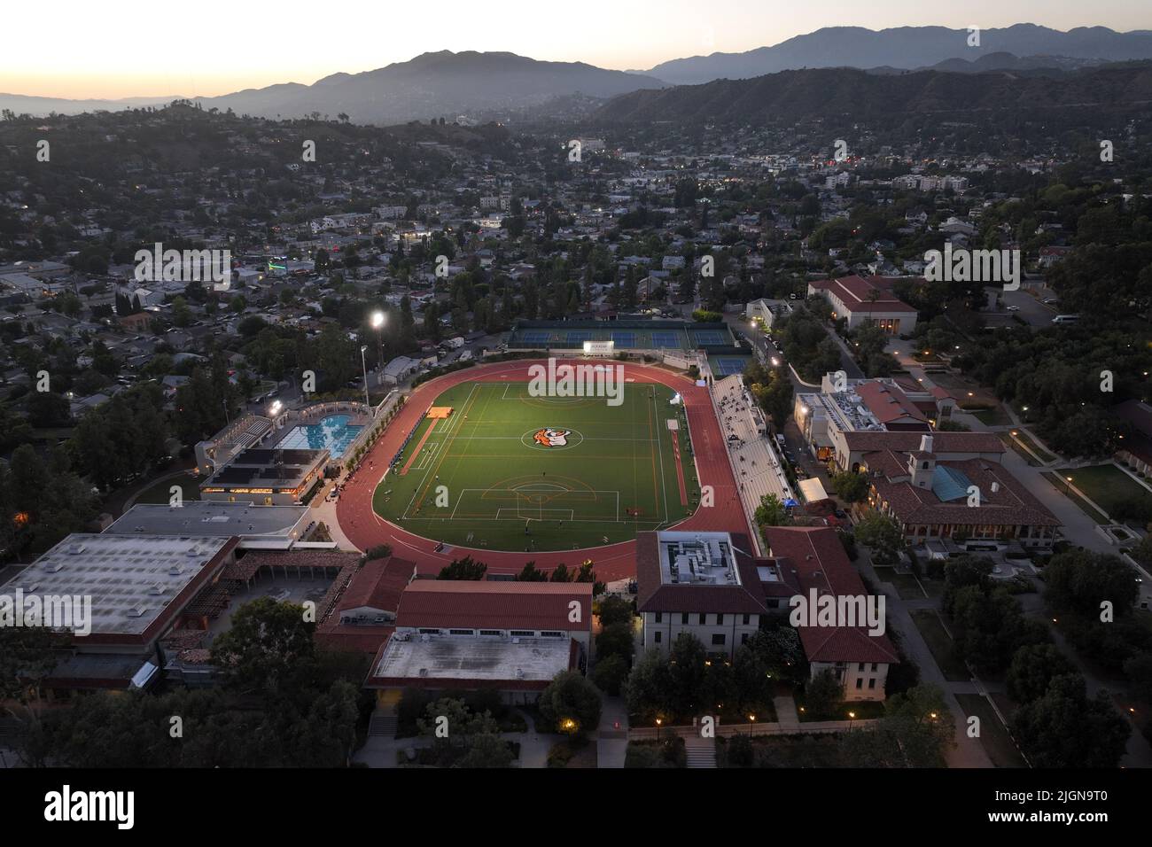 A general overall aerial view of the track and Football field at Jack ...