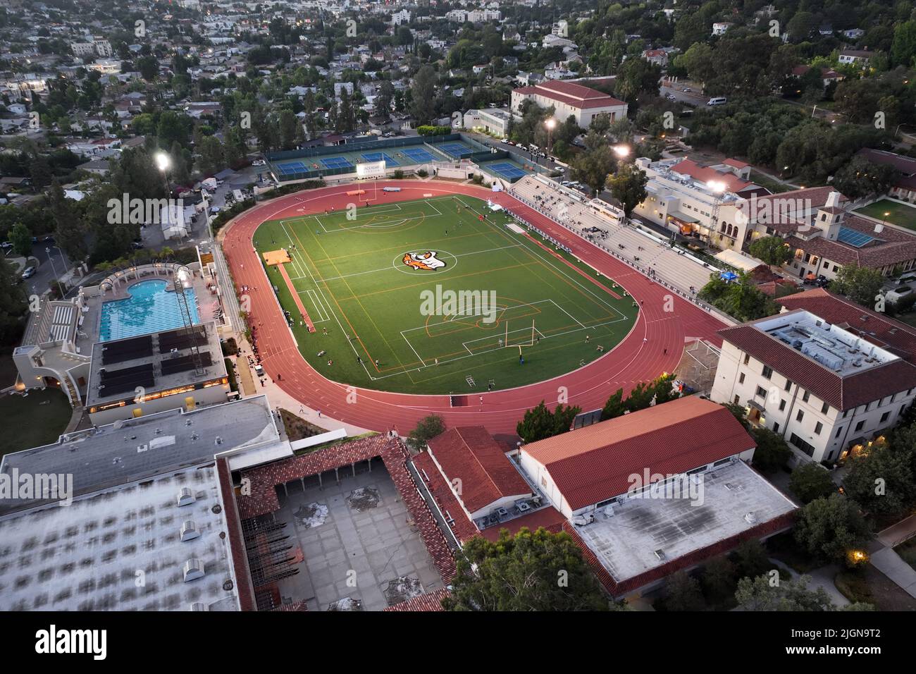 A general overall aerial view of the track and Football field at Jack ...