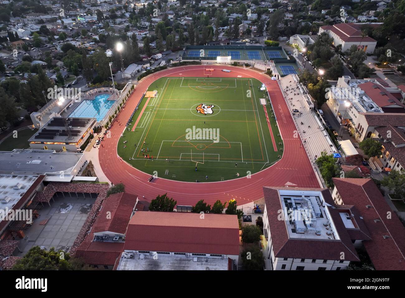 A general overall aerial view of the track and Football field at Jack ...