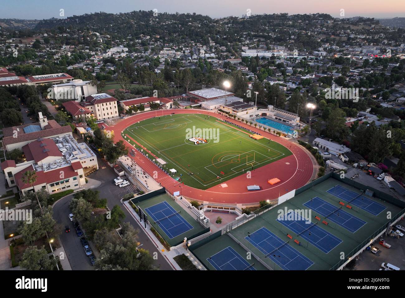 A general overall aerial view of the track and Football field at Jack ...