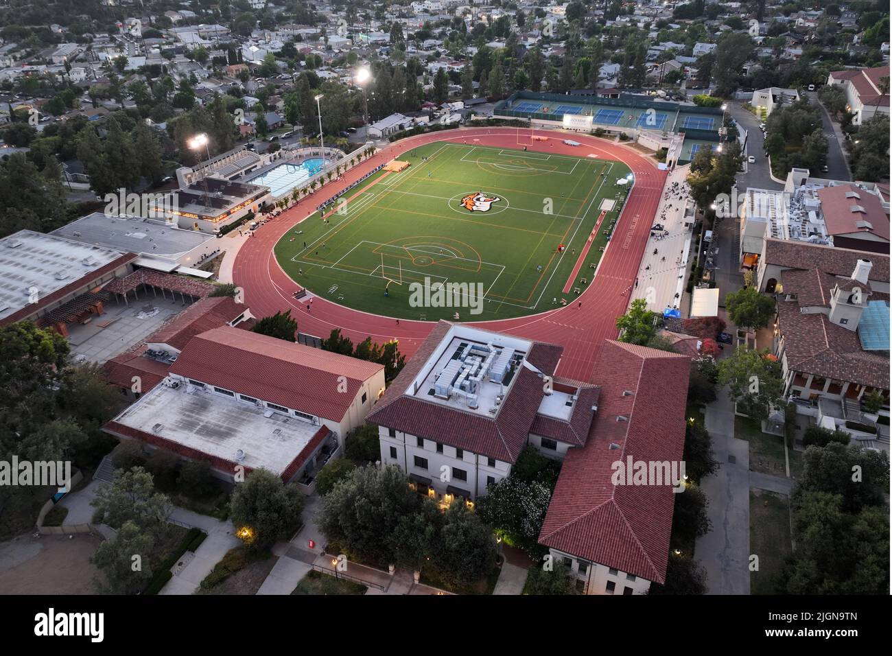 A general overall aerial view of the track and Football field at Jack ...
