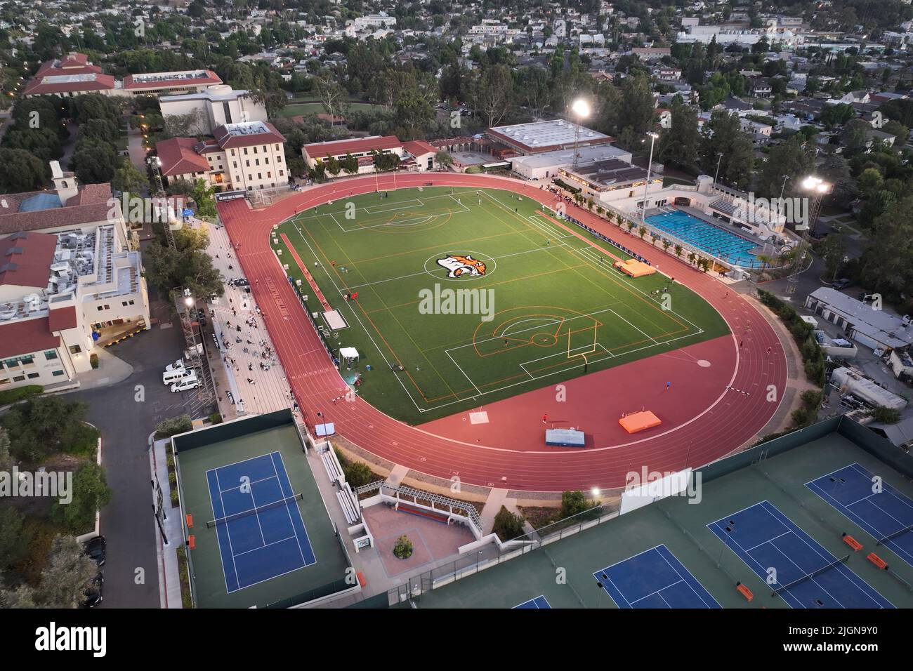 A general overall aerial view of the track and football field at Jack ...