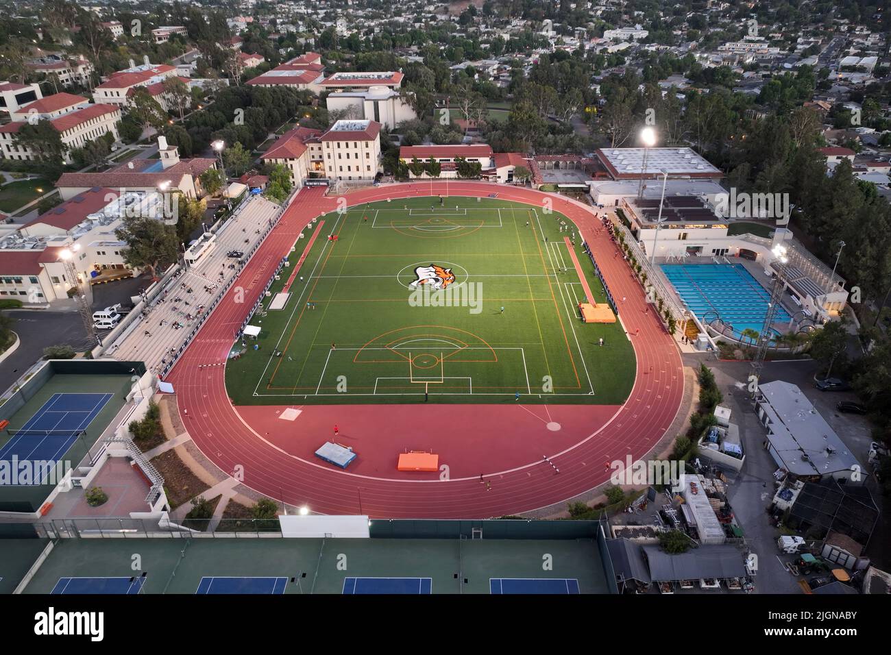 A general overall aerial view of the track and football field at Jack ...