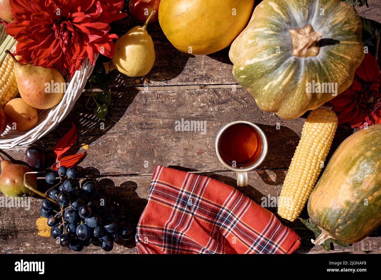 Cozy autumn rustic still life: cup of tea, fruits, vegetables : pumpkin ...