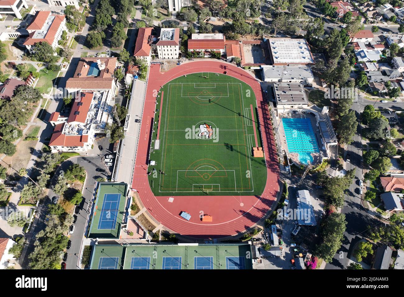 A general overall aerial view of the track and football field at Jack ...