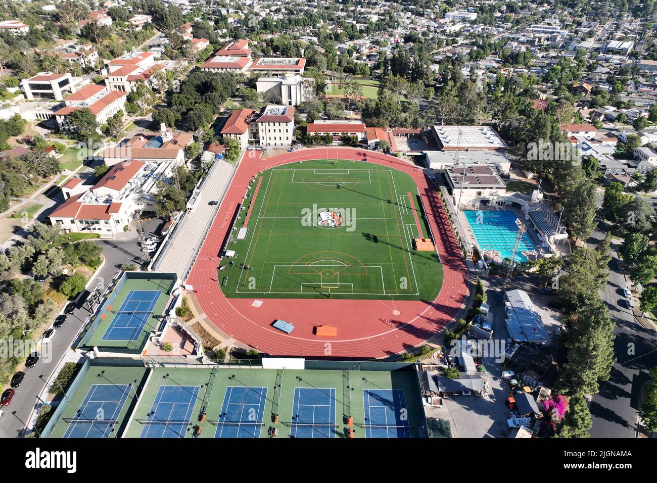 A general overall aerial view of the track and football field at Jack ...