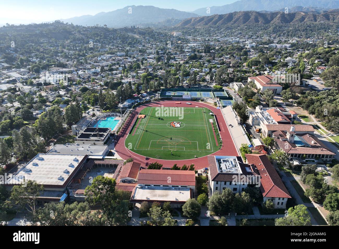 A general overall aerial view of the track and football field at Jack ...