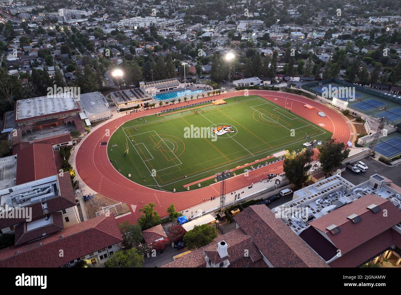 A general overall aerial view of the track and football field at Jack ...