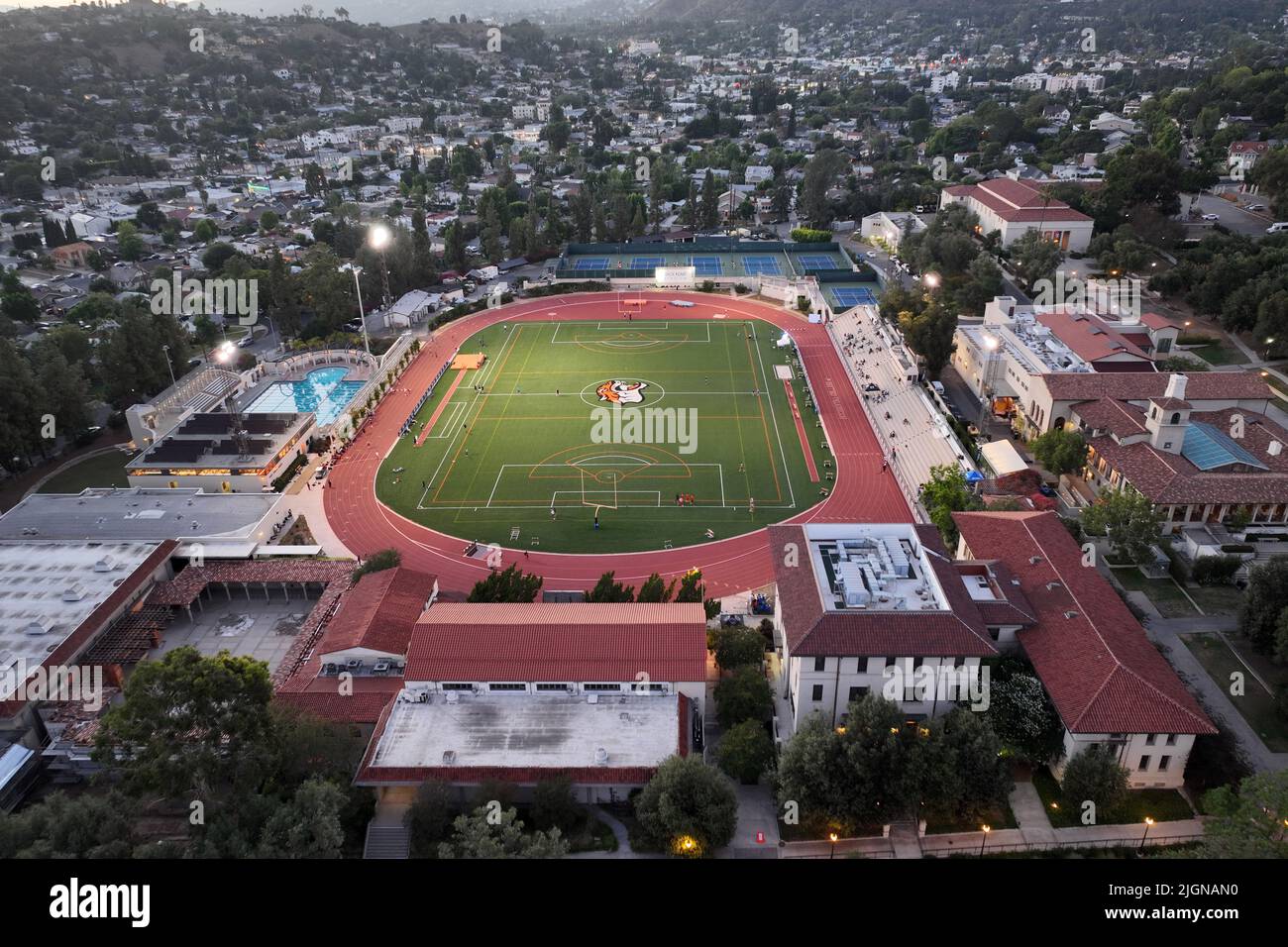 A general overall aerial view of the track and football field at Jack ...