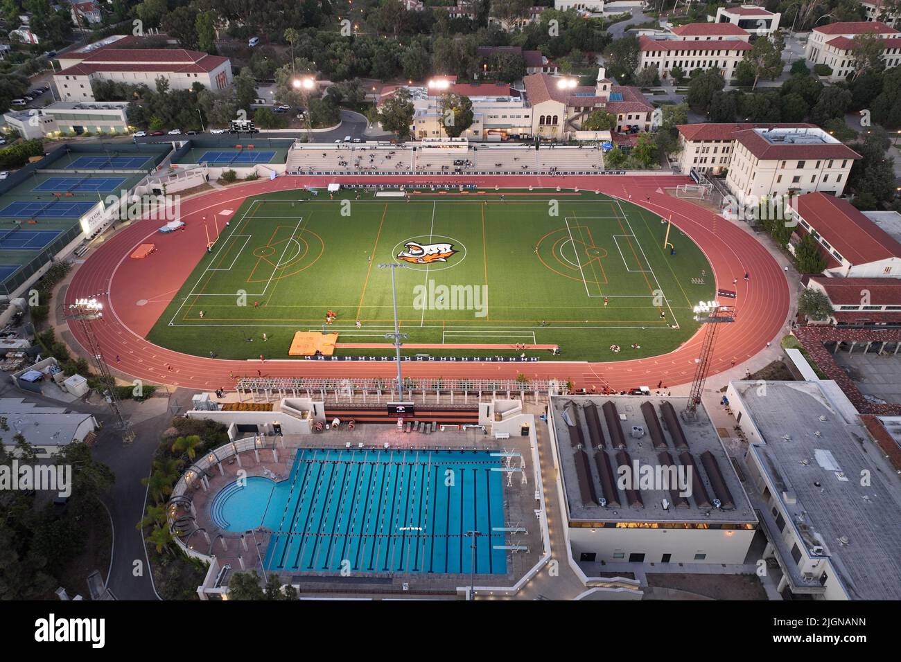 A general overall aerial view of the track and football field at Jack ...