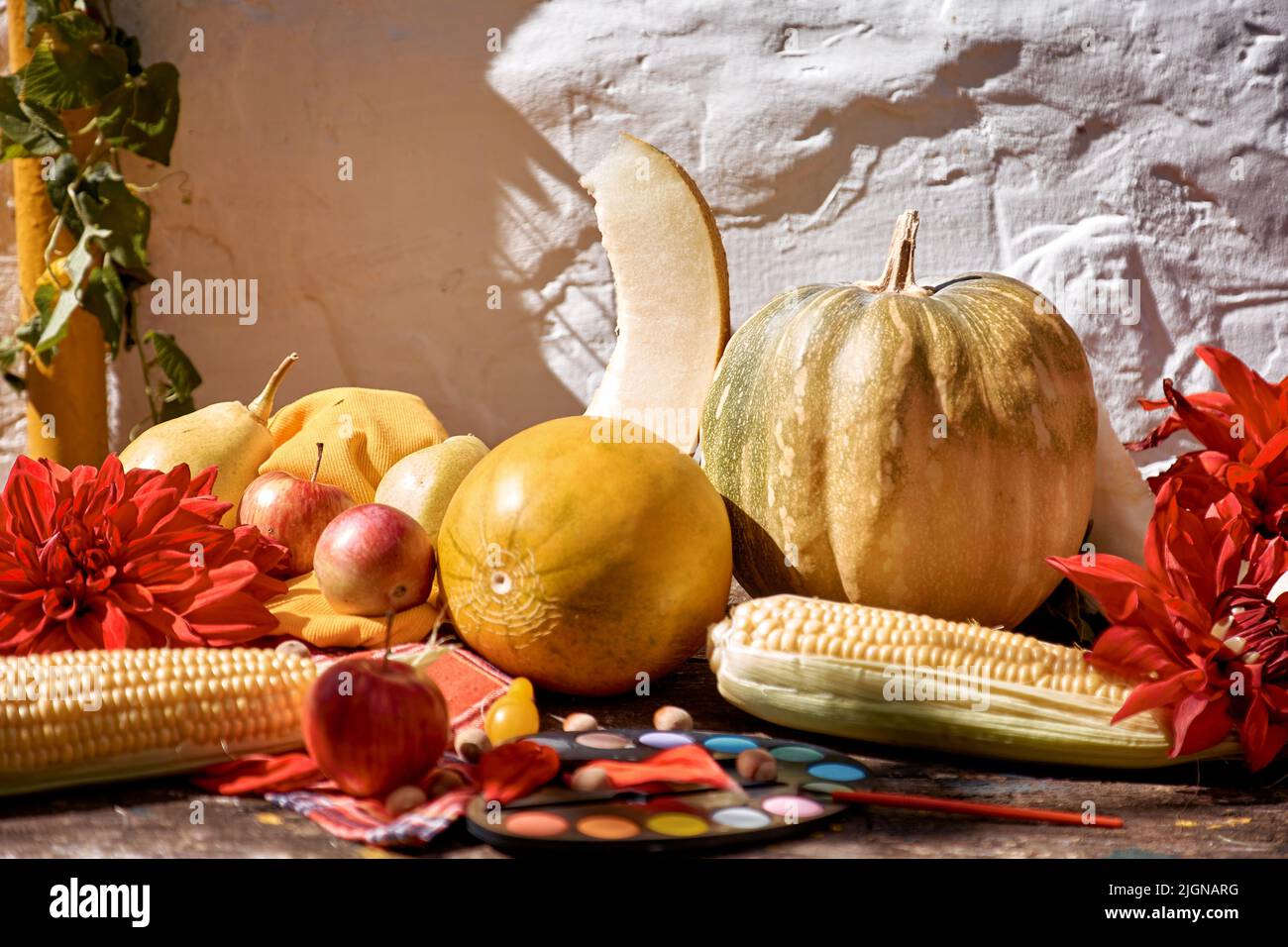 Autumn aesthetic fair: yellow fruits, vegetables with bright paints ...